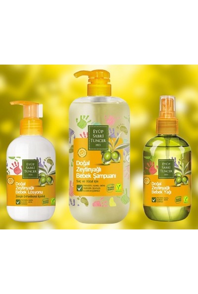 Eyüp Sabri Tuncer Doğal Zeytinyağlı Bebek Şampuanı 600 ml + Doğal Zeytinyağlı Bebek Yağı 280 ml + Doğal Zeytinyağlı Bebek Losyonu 280 ml Eyüp Sabri Tuncer Doğal Zeytinyağlı Bebek Şampuanı 600 ml + Doğal Zeytinyağlı Bebek Yağı 280 ml + Doğal Zeytinyağlı Bebek Losyonu 280 ml