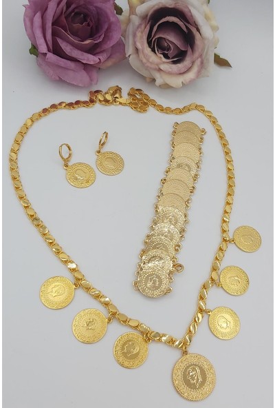 Zeygold Altın Kaplama Halep Arpa Zincir Çeyrek-Yarım ve Tam Altınlı Üçlü Set