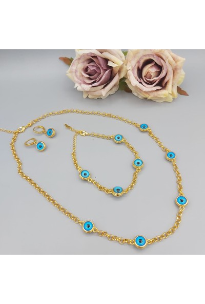 Zeygold Altın Kaplama Nazar Boncuklu Kolye Küpe Bileklik Seti