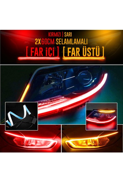Kırmızı Carmaniaks İnce Far Üstü Kayar Sinyalli Gündüz LED 60 cm