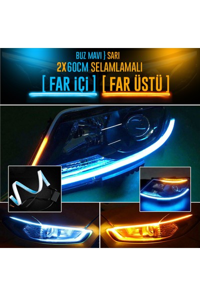 Buz Mavi Carmaniaks İnce Far Üstü Kayar Sinyalli Gündüz LED 60 cm