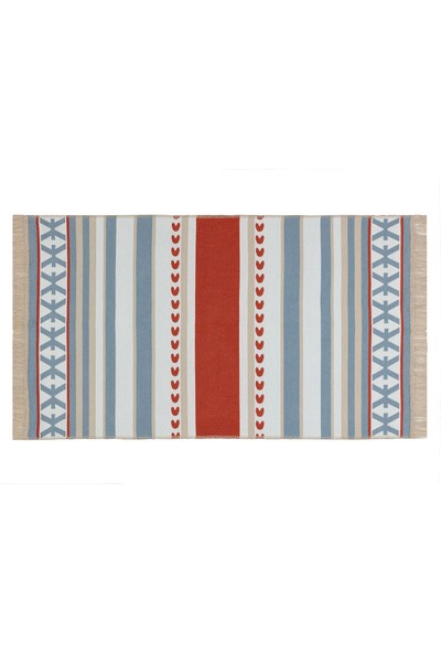 Madame Coco Afrodille Saçaklı Dokuma Kilim - Bej - Mavi - 60 x 100 cm.