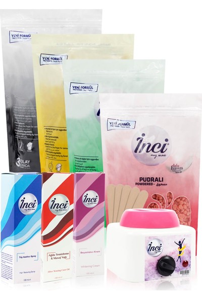 İnci Ağda 4 Kutu - Pudralı + Azulen + Naturel + Peeling+ Ağda Makinesi + 3'lü Cilt Bakım Seti İnci Ağda 4 Kutu - Pudralı + Azulen + Naturel + Peeling+ Ağda Makinesi + 3'lü Cilt Bakım Seti