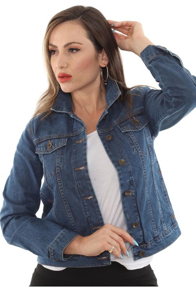 1moda1tarz Kadın Mavi Uzun Kollu Cep Detaylı Kot Ceket