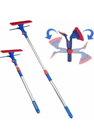 Pazaromi Teleskopik Hareketli Çekçekli Cam Silme Aparatı Mavi - Kırmızı