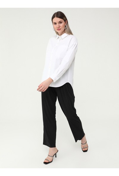 Büyük Beden Beli Lastikli Rahat Kesim Örme Pantolon - Siyah - Alia