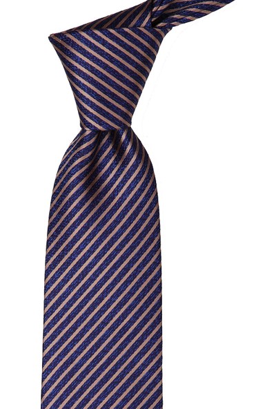 Kravatkolik Lacivert - Bej Çizgi Desen Mendilli Klasik Kravat KK9603