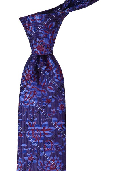 Kravatkolik Mavi - Bordo Çiçek Desen Mendilli Klasik Kravat KK9629