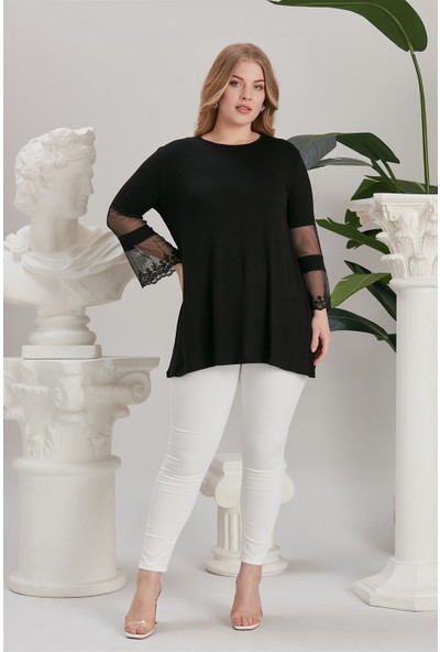Mihramor 20316 - Kadın Büyük Beden Kolları Tül Garnili T-Shirt