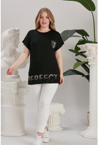 Mihramor Kadın Büyük Beden Taş Işlemeli Cep Detaylı T-Shirt Siyah