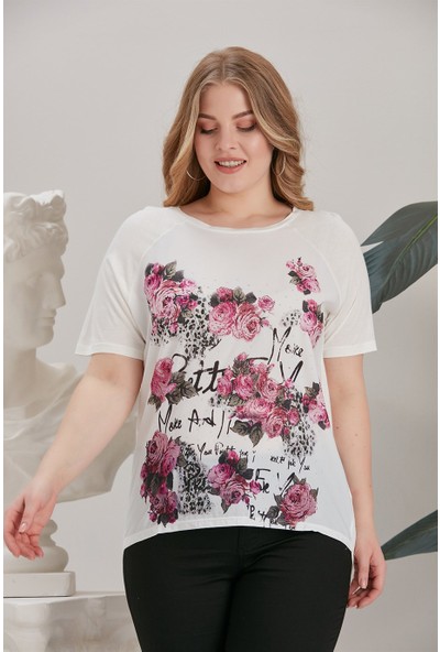 Mihramor Kadın Büyük Beden Baskı ve Taş Detaylı T-Shirt Krem