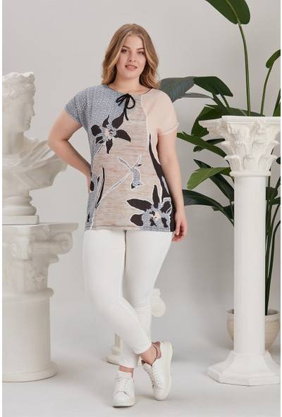 Mihramor Kadın Büyük Beden Önü Krep, Baskılı ve Taşlı T-Shirt Siyah