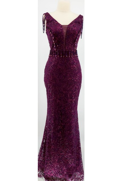 Fahrettin Moda 102 Mürdüm Dantelli Balık Abiye Fahrettin Moda 102 Mürdüm Dantelli Balık Abiye