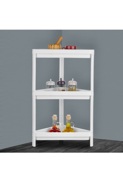 Asya Çok Amaçlı Beyaz Renk 3 Katlı Demonte Köşe Banyo Mutfak Rafı
