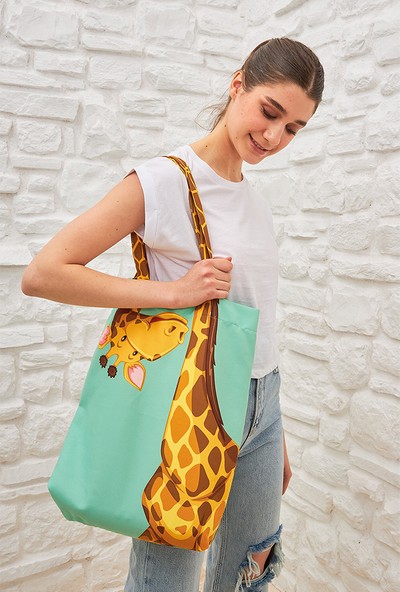 Ecrou Zürafa Desenli Plaj Çantası