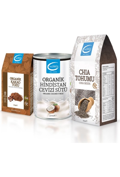 TheLifeCo Thelifeco Kakao Tozu 100 gr + Thelifeco Chia 350 gr + Thelifeco Organik Hindistan Cevizi Sütü 400 ml