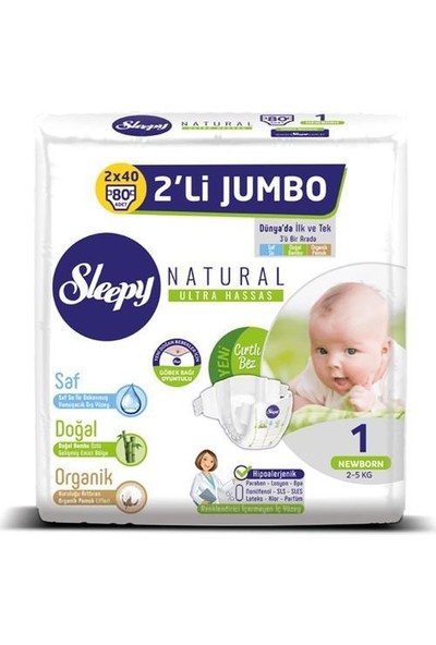 Sleepy Natural Bebek Bezi 2li Jumbo 1 Beden 2-5 kg 80'li Sleepy Natural Bebek Bezi 2li Jumbo 1 Beden 2-5 kg 80'li