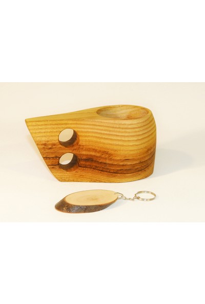 Sağlar El Sanatları Kestane Ağacı Kuksa & Kütük Anahtarlık Set