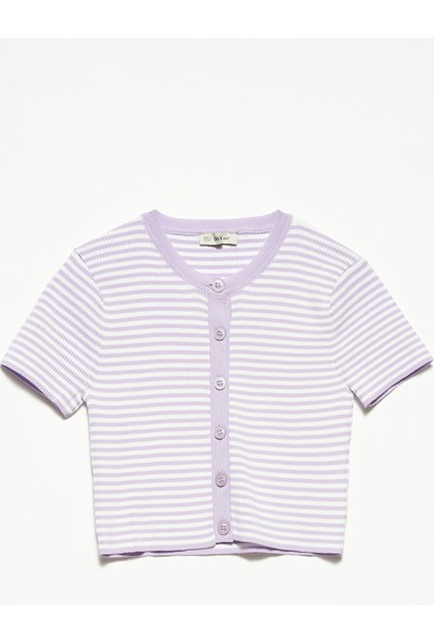 Dilvin 1103 B.yaka Çizgili Kısa Kol Hırka-Lila-Ekru Dilvin 1103 B.yaka Çizgili Kısa Kol Hırka-Lila-Ekru
