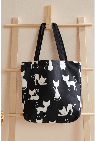 Ays Home Siyah Kedi Bez Alışveriş Plaj Çantası