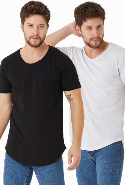 Tarz Cool Erkek Siyah-Beyaz Pis Yaka Salaş T-SHIRT-İKİLİTCPSR01S