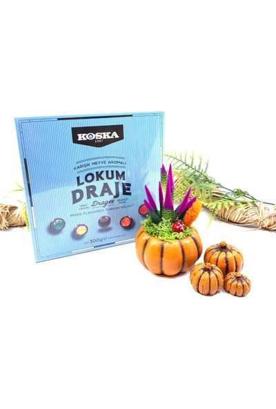 Mega Kanyon Canlı Pembe Sukulentli (Haworthia) Balkabağı ve Meyveli Lokum Aranjmanı M9