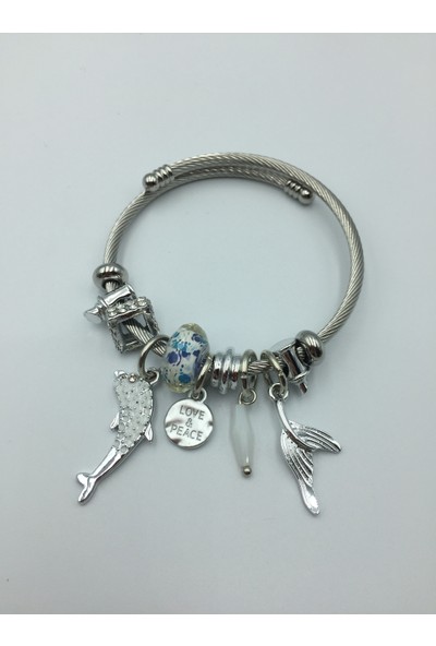 Beyaz Yunus ve Mavi Beyaz Taşlı Charmlı Pandora Çelik Bileklik