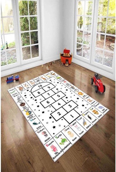 Resmiro Kaymaz Taban Yıkanabilir Eğitici Eğlenceli Seksek Desenli Çocuk Halısı