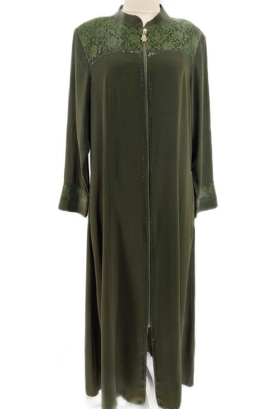 Fahrettin Moda Mz Haki Yaka ve Kol Dantelli Fermuarlı Ferace