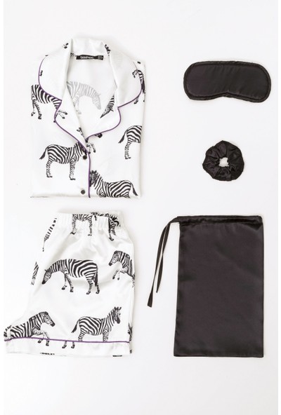 For You Moda 5 Li Zebra Desen Saten Pijama Takım