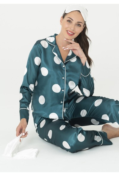 For You Moda 5 Li Saten Puantiyeli Gömlek Pijama Set Yeşil-Beyaz