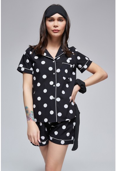 For You Moda 5 Li Penye Beyaz Puantiyeli Siyah Sort Set