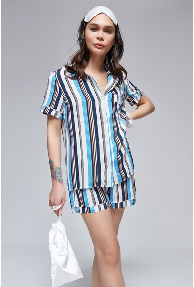 For You Moda 5 Li Penye Laci Beyaz Mavi Çizgili Sort Set