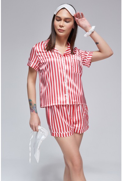 For You Moda 5 Li Saten Kırmızı Beyaz Çizgili Set