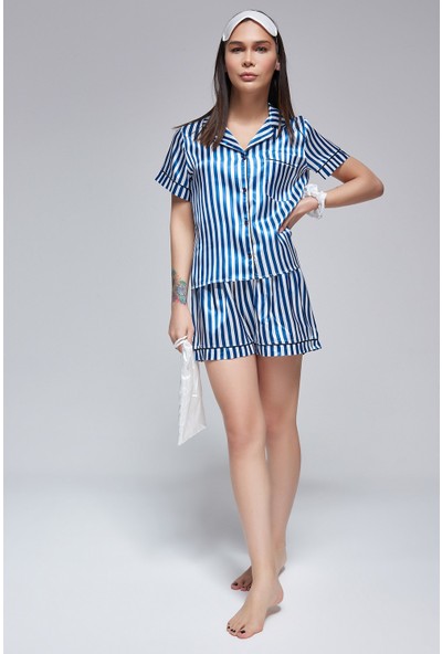 For You Moda 5 Li Saten Mavi Beyaz Çizgili Set