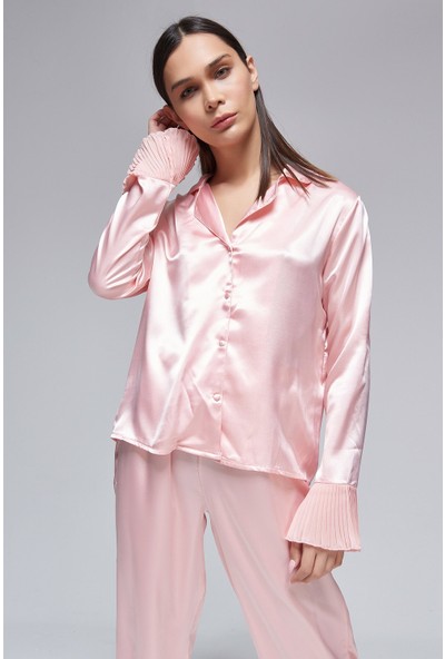 For You Moda 2 Li Saten Pembe Kol Paça Pileli Pijama Takımı