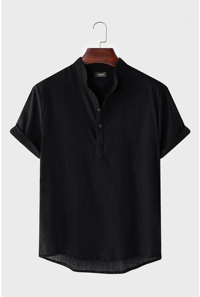 Erkek Siyah Hakim Yaka Kısa Kollu Yarım Patlı Keten Gömlek Erkek Siyah Hakim Yaka Kısa Kollu Yarım Patlı Keten Gömlek