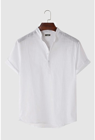 Erkek Beyaz Hakim Yaka Kısa Kollu Yarım Patlı Keten Gömlek Erkek Beyaz Hakim Yaka Kısa Kollu Yarım Patlı Keten Gömlek