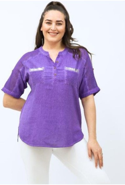 Işıltı fashion Mor Renkli Kol ve Cebi File Detaylı Kısa Kollu Büyük Beden Bluz Işıltı fashion Mor Renkli Kol ve Cebi File Detaylı Kısa Kollu Büyük Beden Bluz