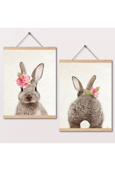 Canvartie Çiçekli Tavşan Ikili Asılabilir Çocuk Odası Duvar Tablosu