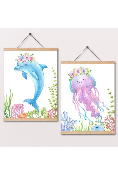Canvartie Yunus Balığı ve Deniz Anası Ikili Asılabilir Çocuk Odası Duvar Tablosu Canvartie Yunus Balığı ve Deniz Anası Ikili Asılabilir Çocuk Odası Duvar Tablosu