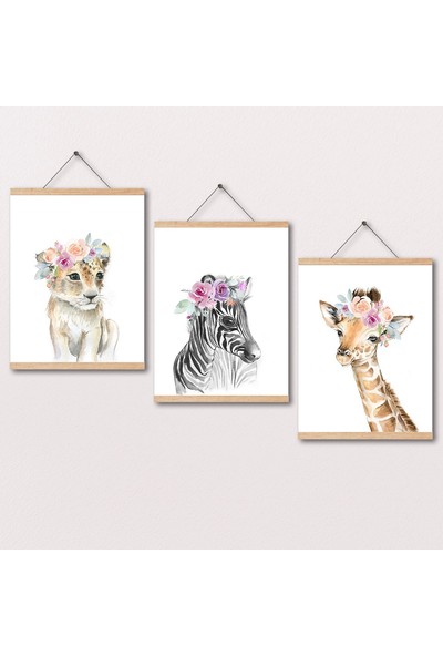 Canvartie Çiçekli Hayvanlar Üçlü Asılabilir Çocuk Odası Duvar Tablosu