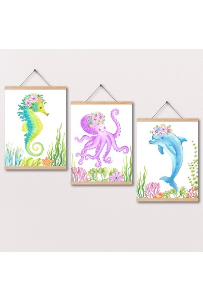 Canvartie Şirin Deniz Canlıları Akvaryum Üçlü Asılabilir Çocuk Odası Duvar Tablosu