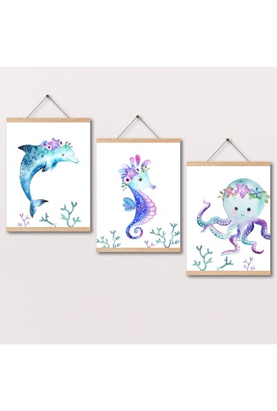 Canvartie Şirin Deniz Canlıları Akvaryum Üçlü Asılabilir Çocuk Odası Duvar Tablosu