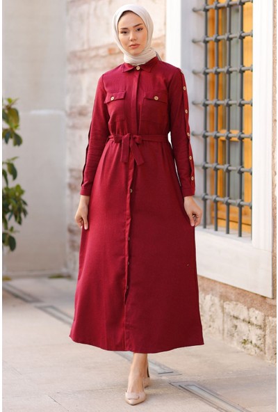 inStyle Kolları Düğme Detaylı Elbise - Bordo inStyle Kolları Düğme Detaylı Elbise - Bordo