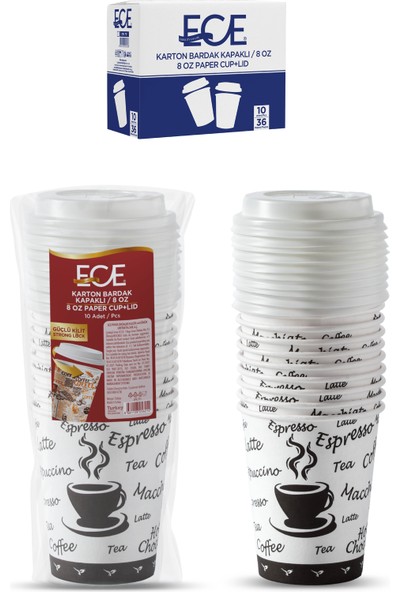 Ece 8 Oz Kapaklı Karton Kahve Bardağı 10'lu Paketlerde 360 Adet