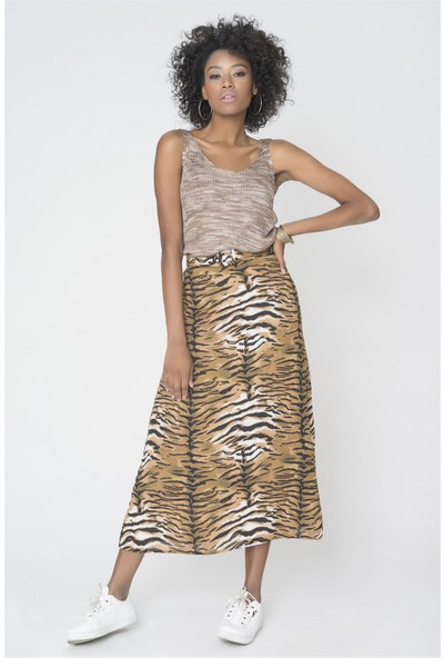 For You Moda Zebra Desenli Kemerli Etek