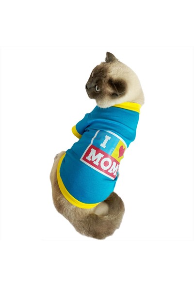 Kemique I Love Mom Blue, Oval Yaka Tişört Kedi Kıyafeti Kedi Elbisesi Anneler Günü Kemique I Love Mom Blue, Oval Yaka Tişört Kedi Kıyafeti Kedi Elbisesi Anneler Günü