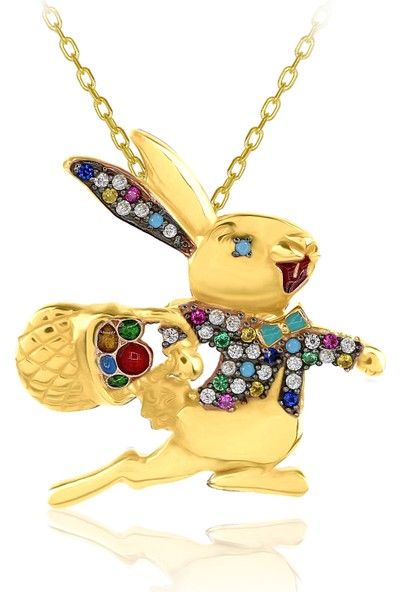 Takı Boom Renkli Taşlı Papyonlu Koşan Tavşan Gümüş Kolye Takı Boom Renkli Taşlı Papyonlu Koşan Tavşan Gümüş Kolye