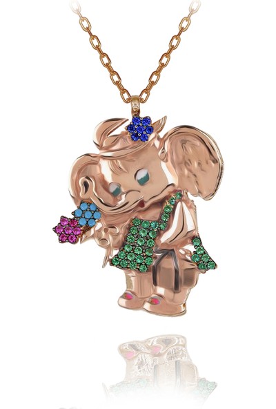 Takı Boom Yeşil Taşlı Sevimli Fil Gümüş Kolye